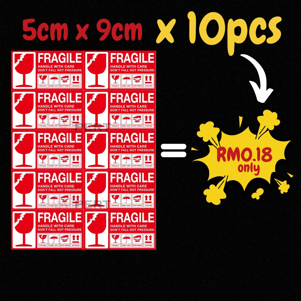 10pcs Fragile Sticker 5cmx9cm label mudah pecah courier packing warning ...