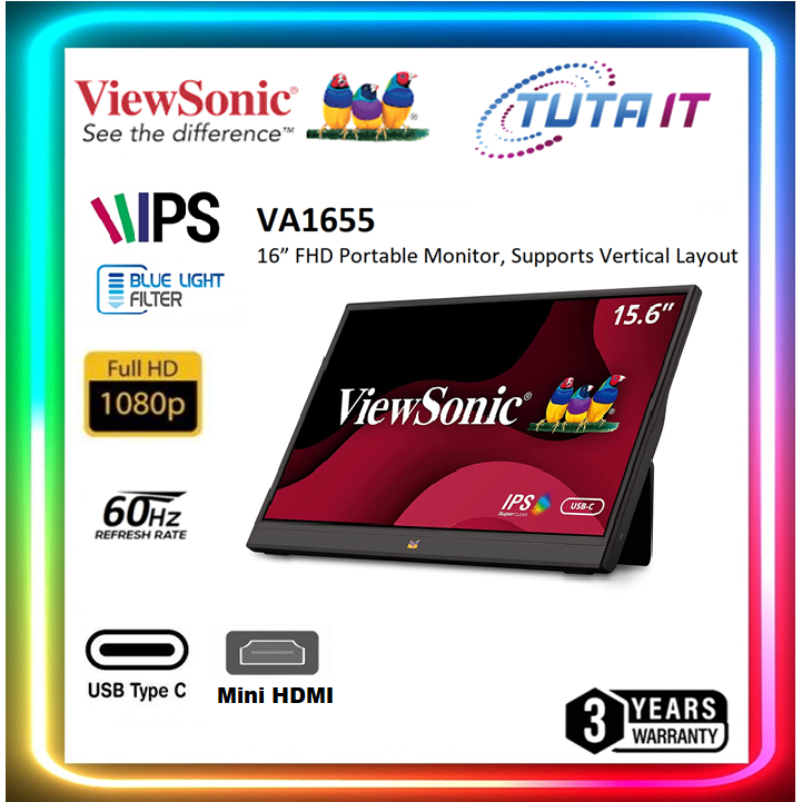 Viewsonic VA1655 16” Type-C Portable Monitor 60HZ Refresh Rate Support ...