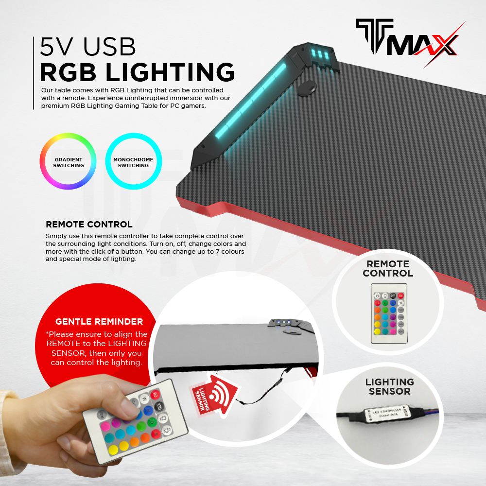 TMAX L120/140cm K-shaped Gaming Table Gaming Desk With RGB Lighting ...