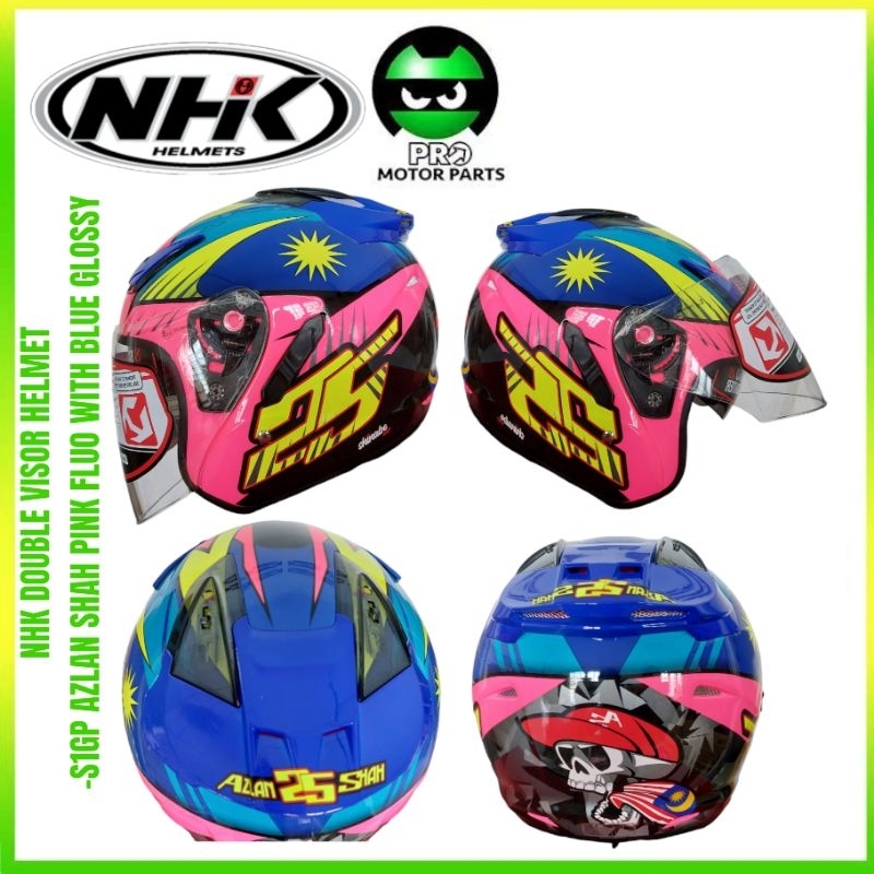 NHK R1 V2 AZLAN SHAH PINK FLUO WITH BLUE GLOSSY NHK HEMLET TOPI KELEDAR ...