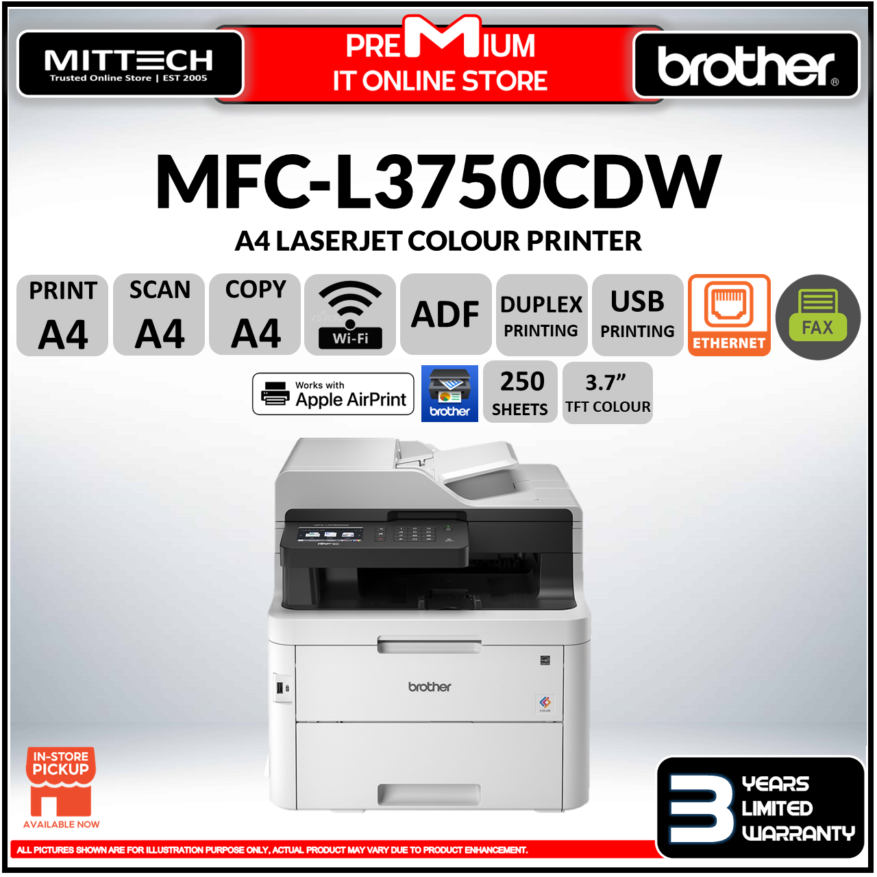 Brother MFC-L3750CDW All in One Wireless Colour LED Laser Printer ...
