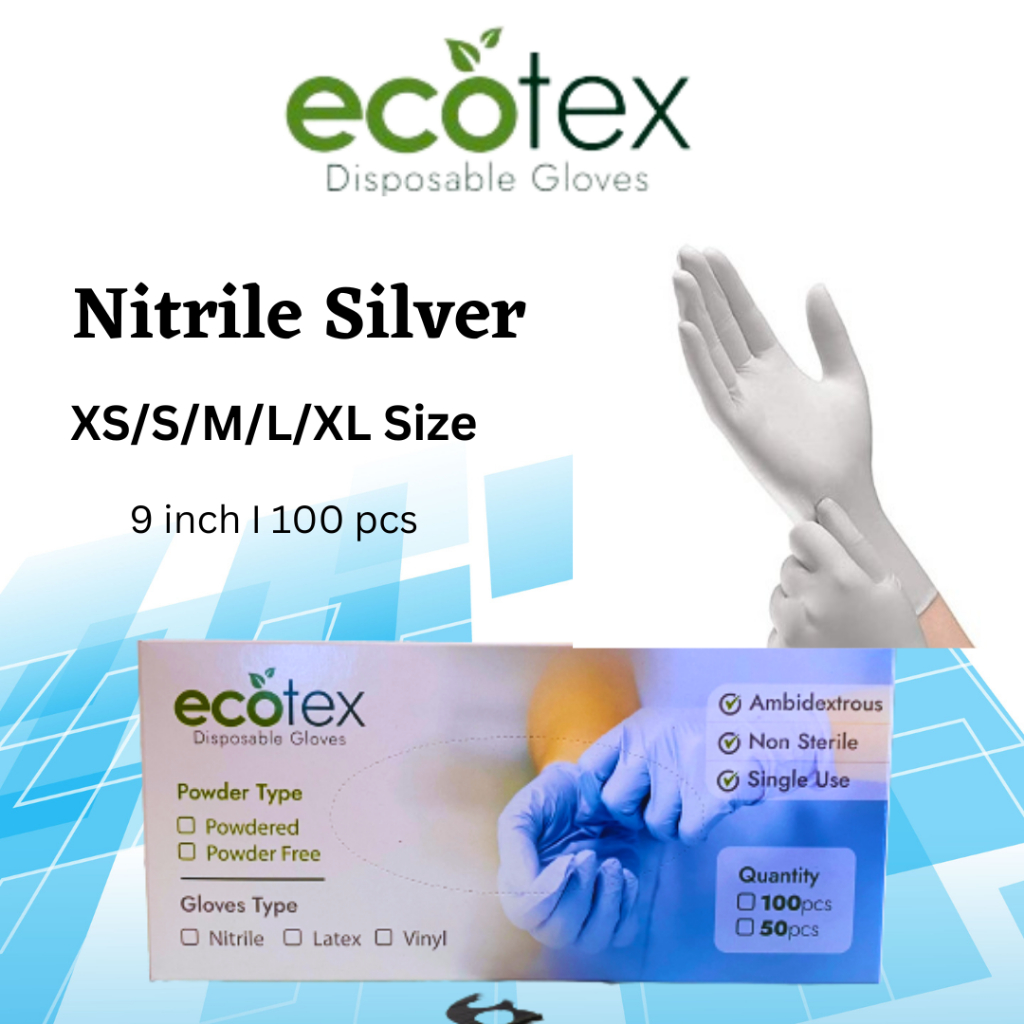 Ecotex Nitrile Disposable Glove Silver (SIZE: XS/S/M/L/XL)) - 100PCS ...
