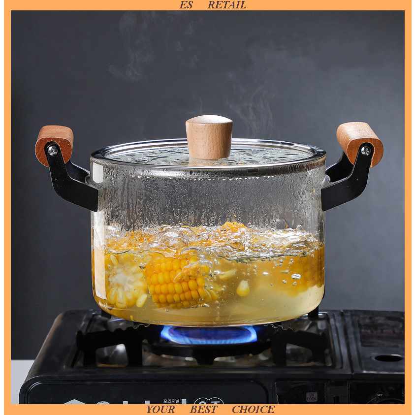 Glass pot Borosilicate glass pot Cooking pot with wood handle Kitchen ...