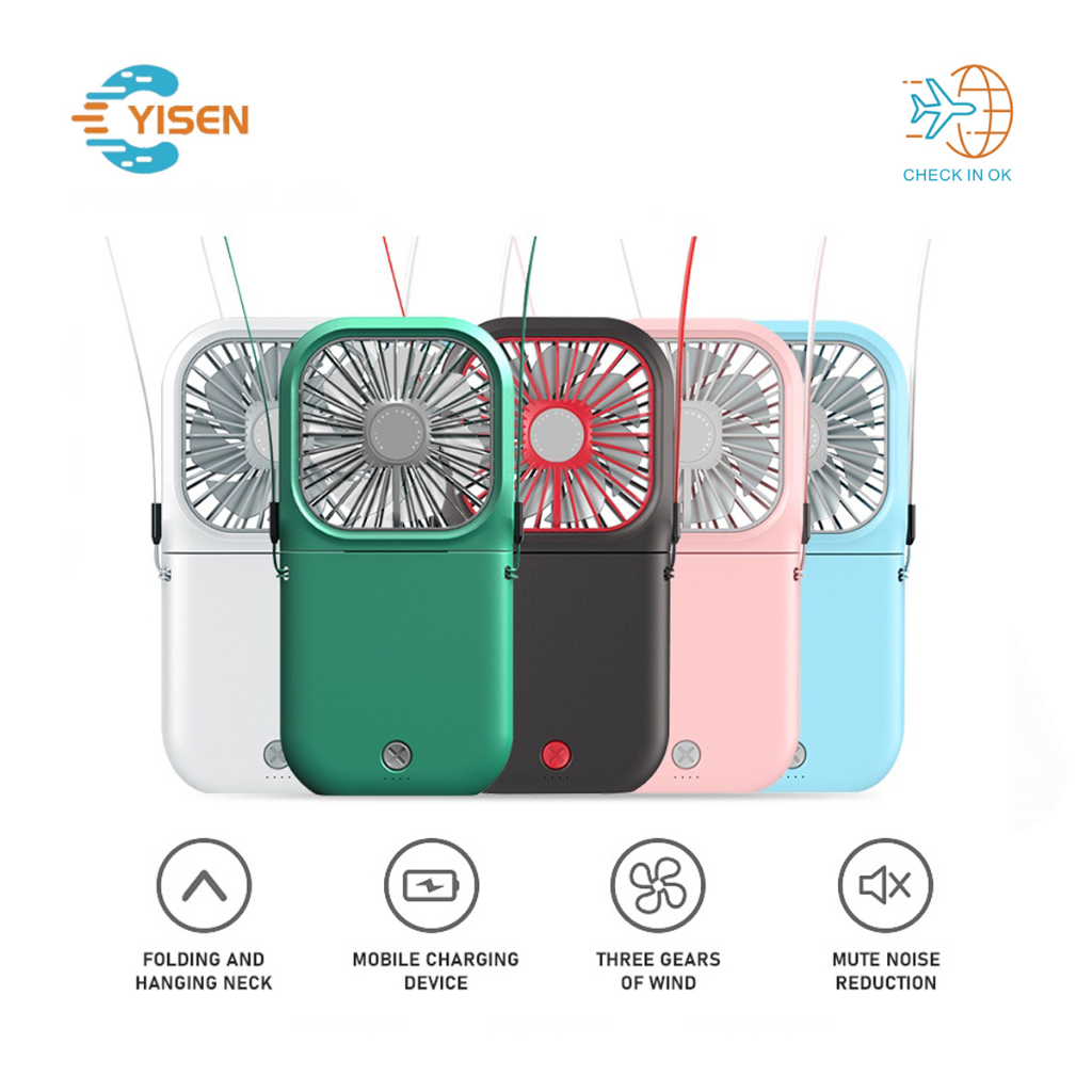 Yisen F20 Mini Fan Portable Foldable Handheld Low Noise Hanging Neck Cooling Fan Power Bank for ...