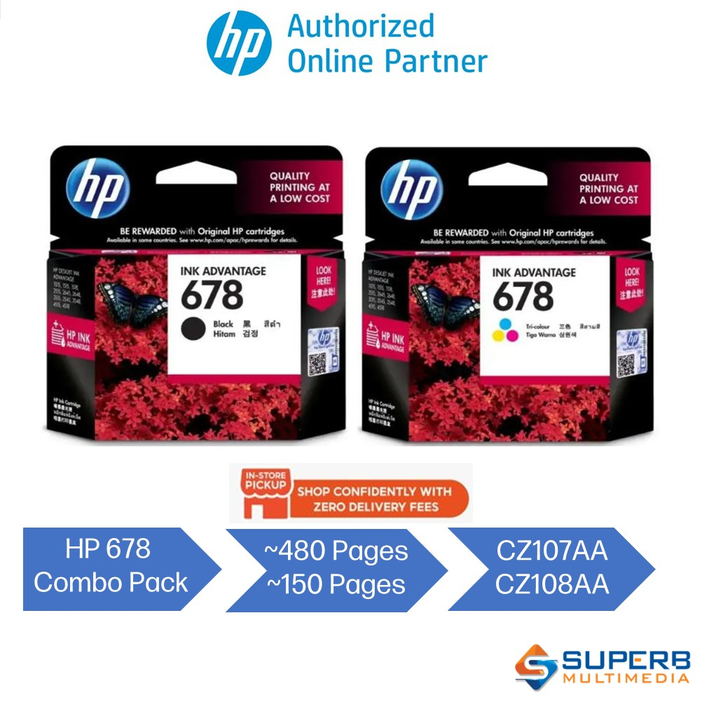 Hp 678 Original Combo CZ107AA black CZ108AA Color Single Pack Ink ...