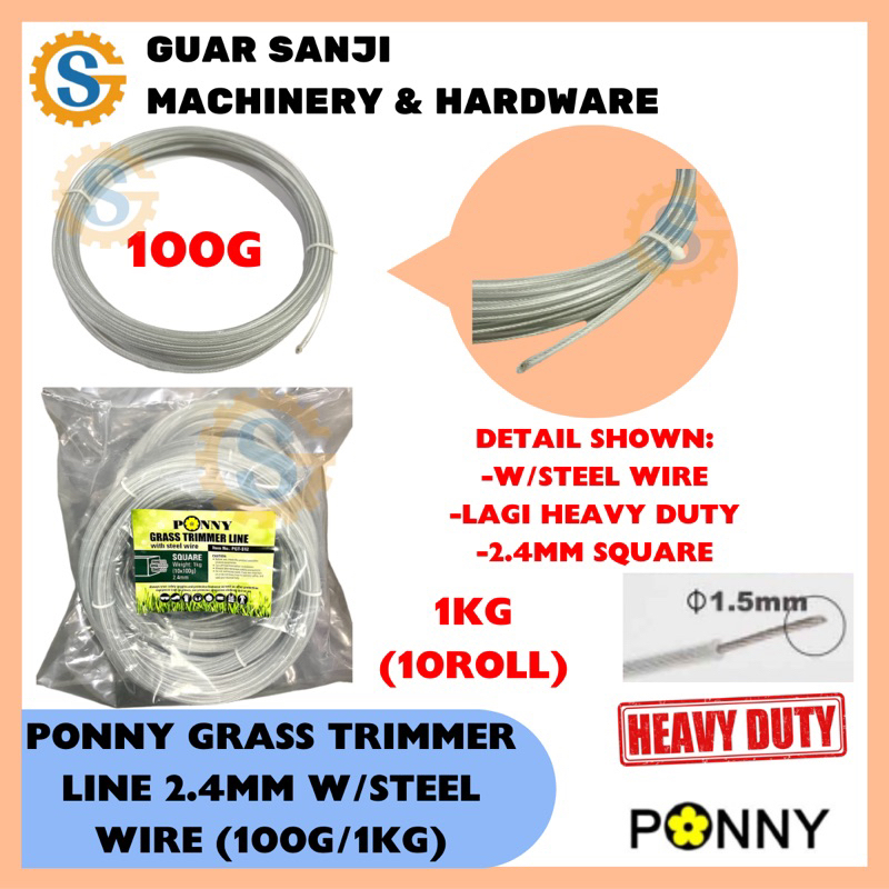 PONNY 2.4MM SQUARE GRASS TRIMMER LINE WITH STEEL WIRE TALI MESIN RUMPUT ...