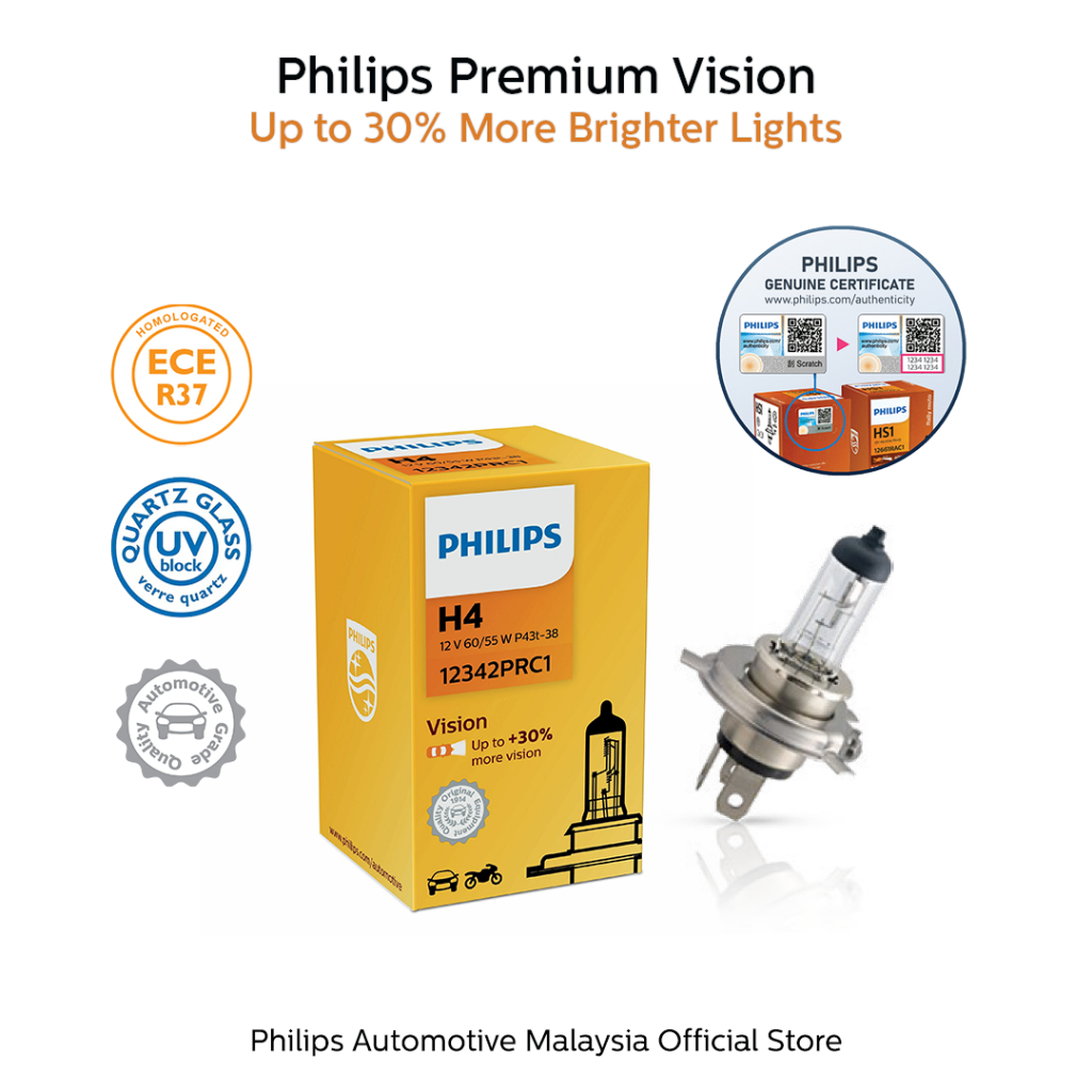 Philips Premium Vision 12V Car Headlight Bulb ( +30% More Light ...
