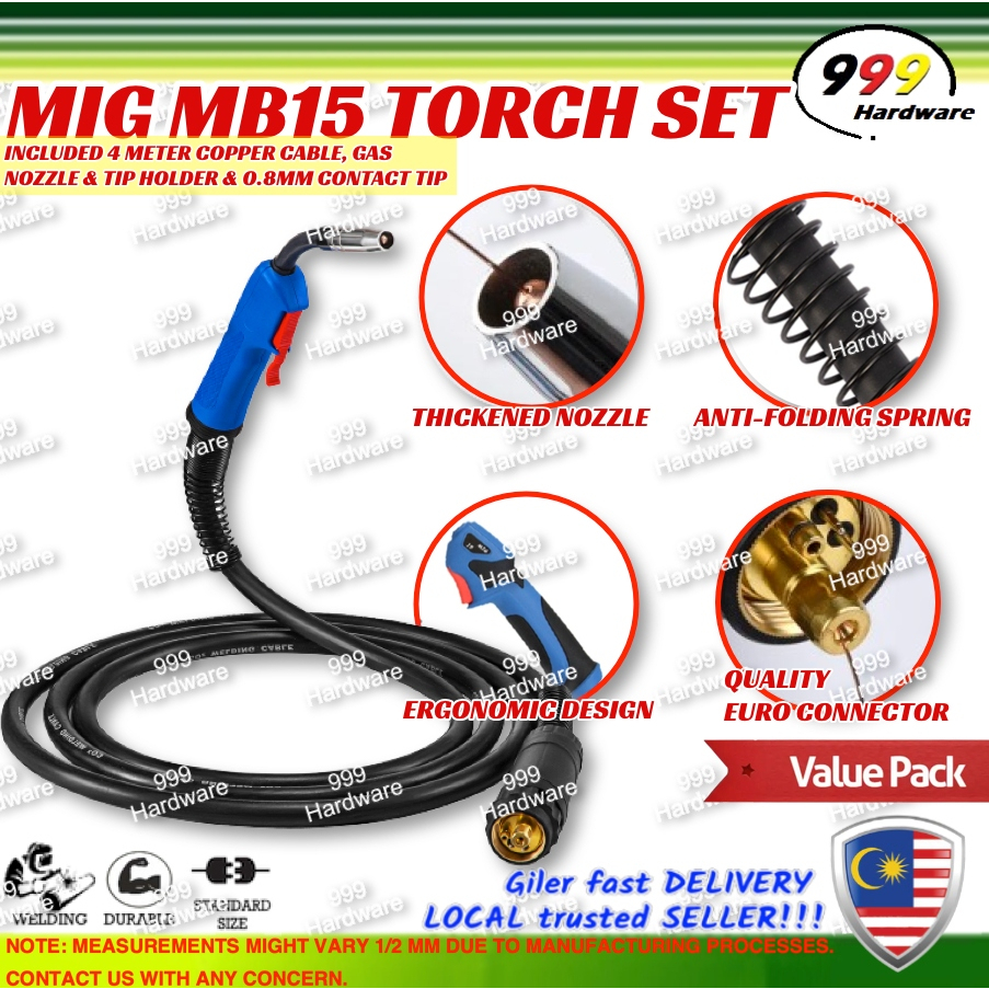 999 MIG MB15 WELDING TORCH GUN [4 METER] / EURO CONNECTOR MAG WELDER ...