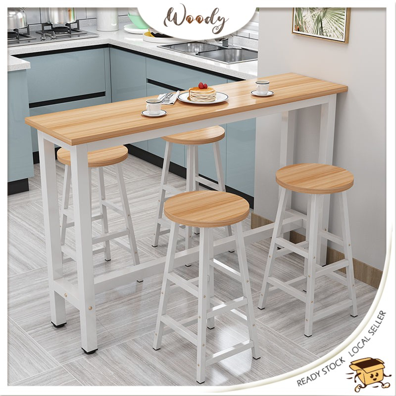 【Woody】 [120x40x100cm] Simple Wooden Bar Table with Steel Frame & 2 ...