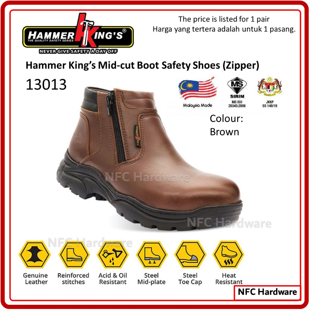 HAMMER KING'S 13013 Mid-cut Boot Safety Shoes Brown (Zipper) | Shopee ...