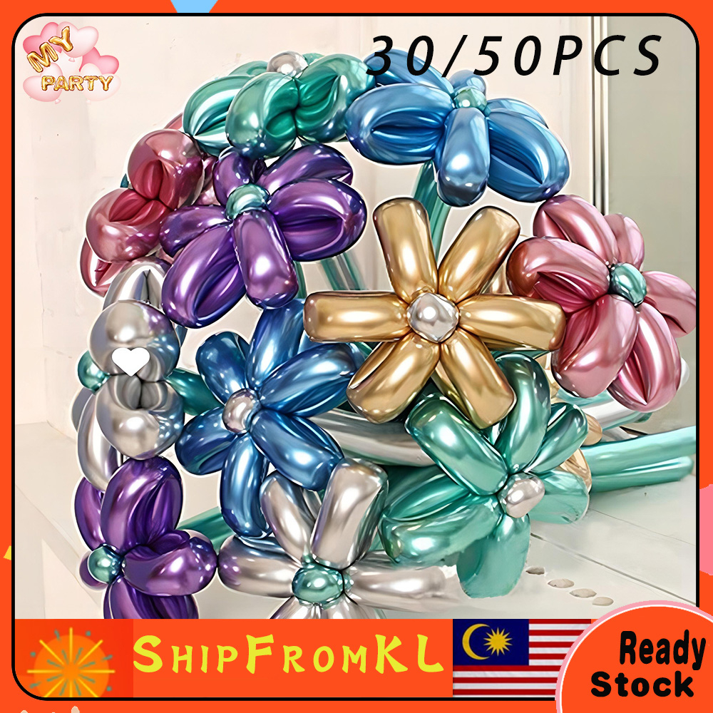 50Pcs Kids Balloon Chrome Long Balloon Latex Metallic Modelling Bown ...