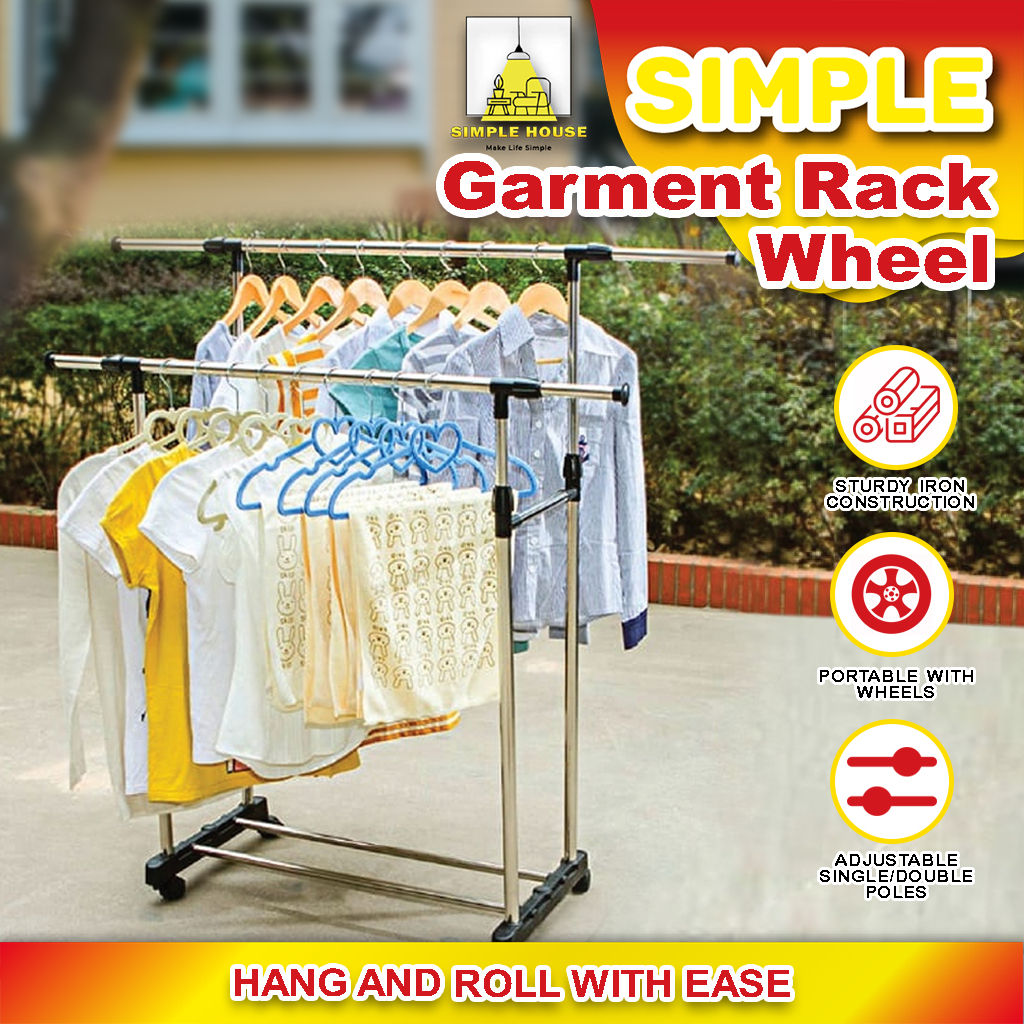 【𝗠𝗔𝗧𝗘𝗥𝗜𝗔𝗟 𝗦𝗧𝗘𝗘𝗟】SIMPLE DOUBLE POLE Adjustable Garment Rack Wheel / Rak ...