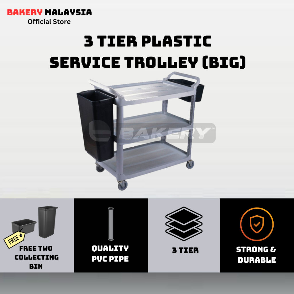 BAKERY Restaurant Dining 3 Tier Plastic Food Kitchen Trolley Cart/Troli ...