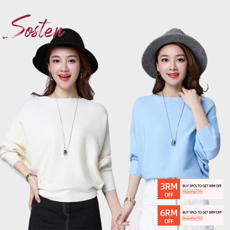 【READY STOCK】ST245 Women's Bat Sleeve Sweater Loose Solid Color Single Collar Sweater Knitted ...