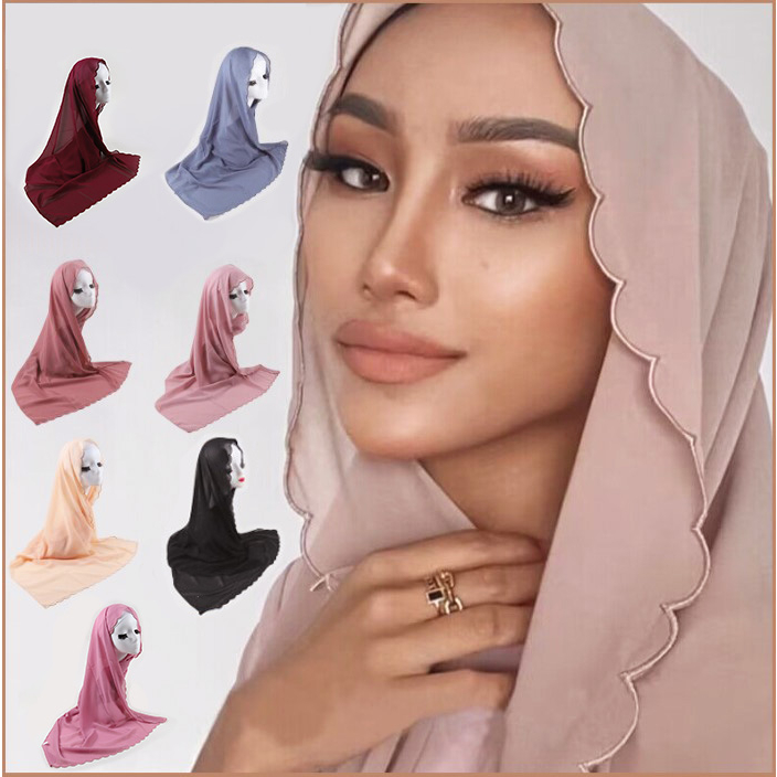 Shawl sulam chiffon 2 edge decoration sulam warna solid viral veil ...