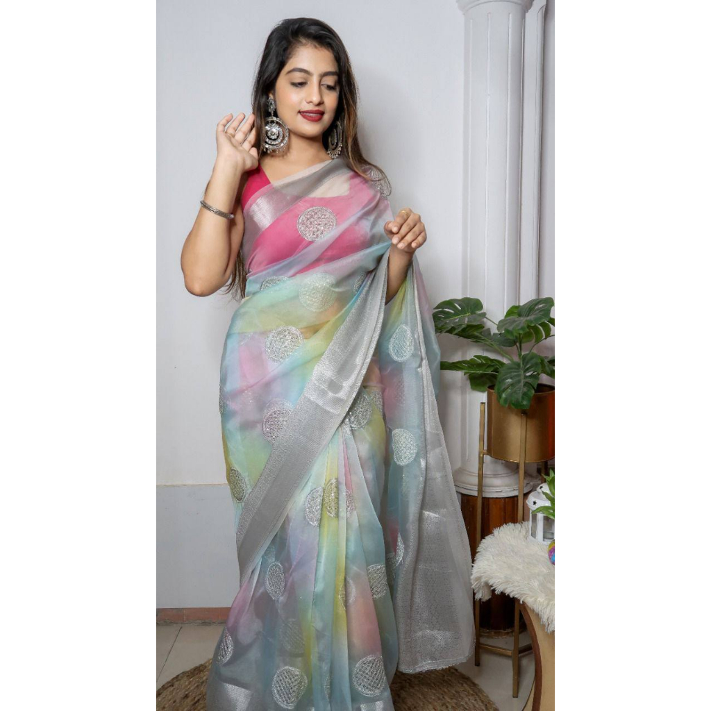 Multi Color Organza Saree With Silver Color Zari Weaving And Embroidery ...