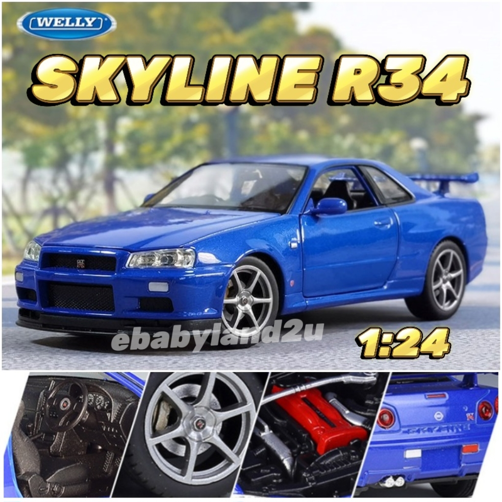 Welly 1:24 Die Cast Nissan Skyline GTR R34 Alloy Diecast Car Model ...