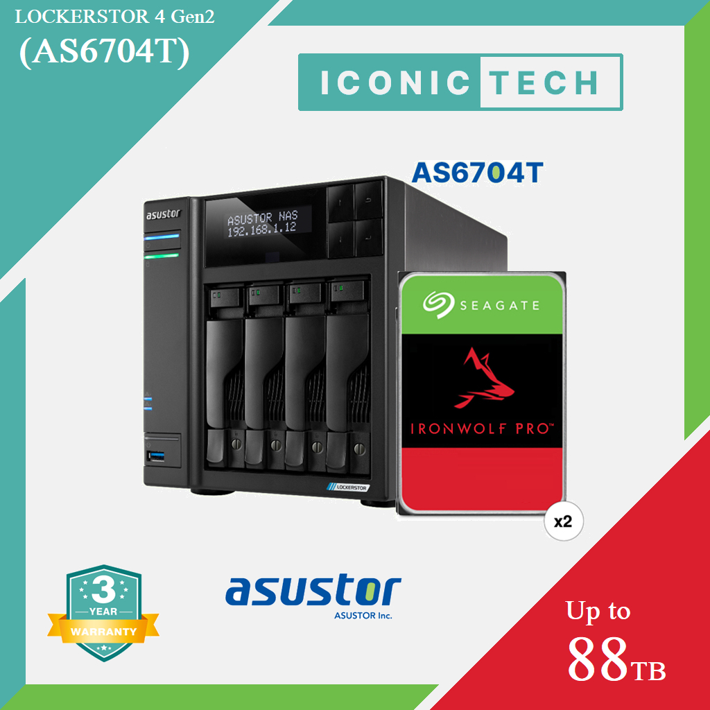 Asustor AS6704T 2-Bay NAS Enclosure (Device only 0TB) or optional Bundle with 2units Hard Disk ...