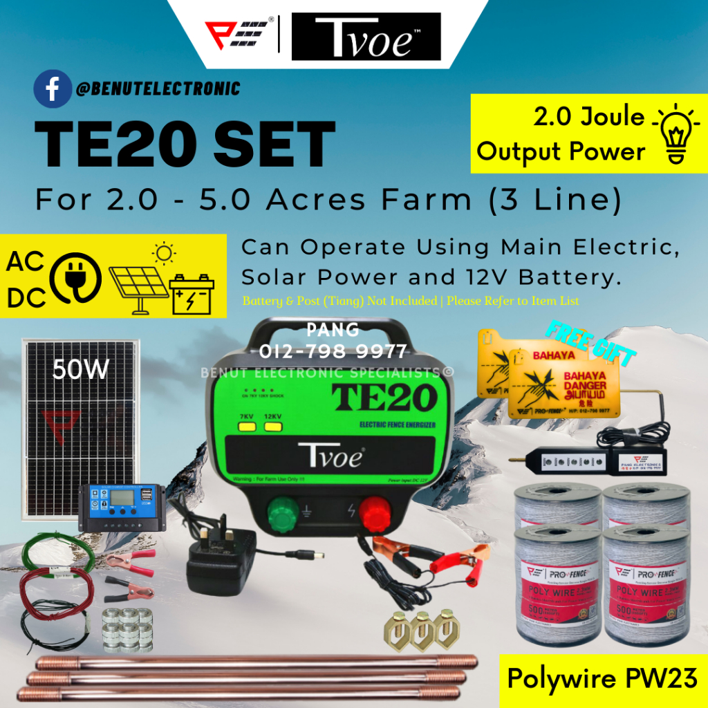 Tvoe TE20 Set for 4-5 Acre Electric Fence Set Pagar Elektrik Set Solar ...