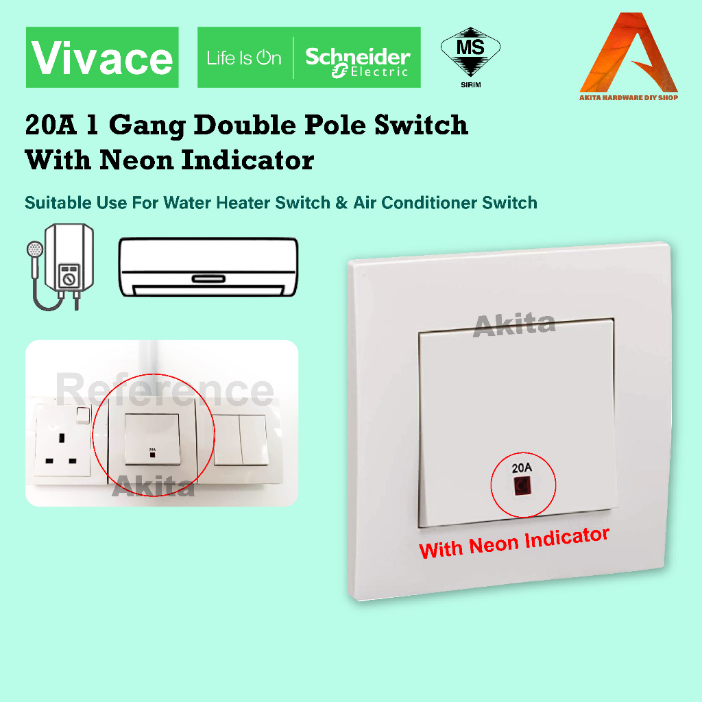 Vivace Schneider White KB31 20A Double Pole Switch 1 Gang 1 Way Neon ...