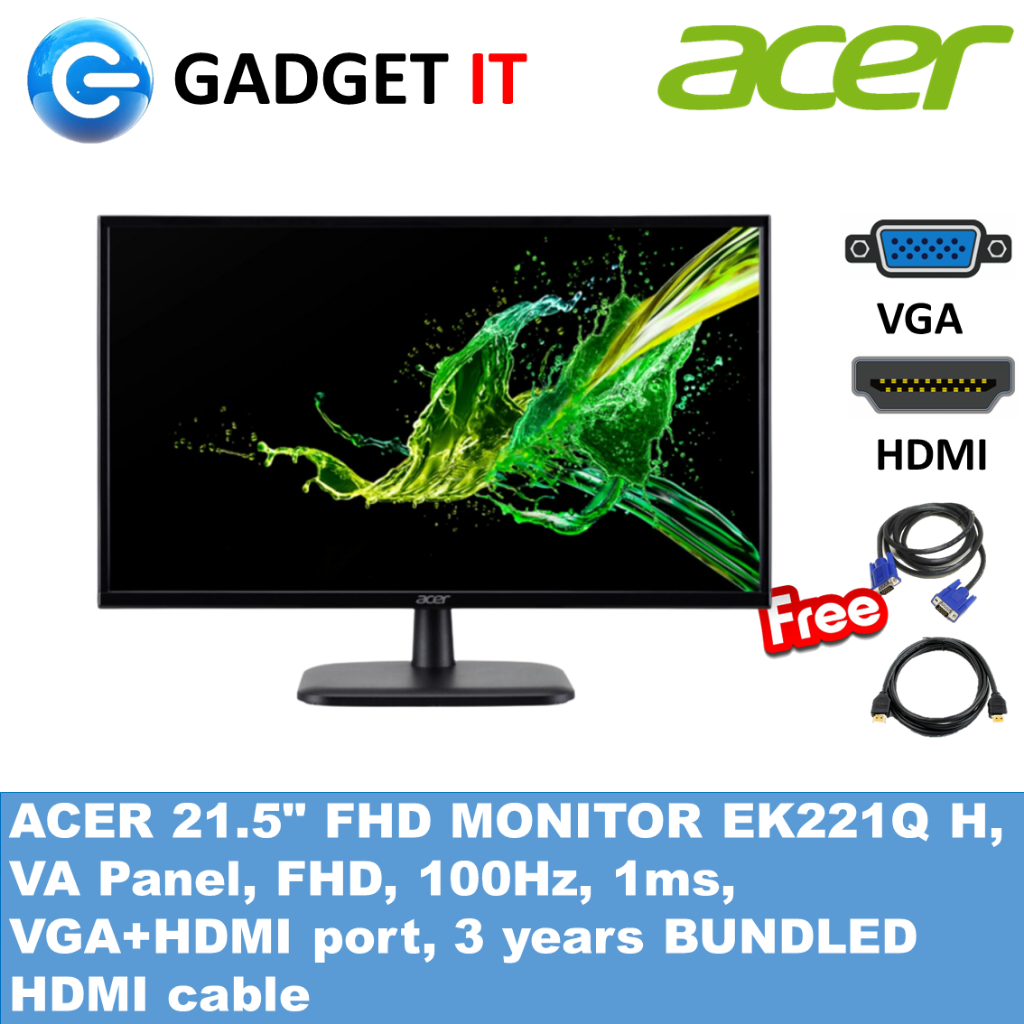 ACER EK221Q H / EK221QH 21.5 LFHD MONITOR, VA Panel, FHD, 100Hz, 1ms ...