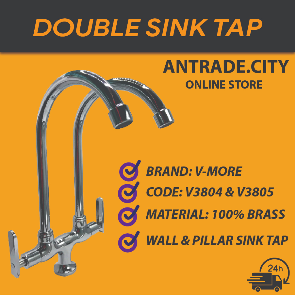 【BAGUS] Kitchen Fixed Double Sink Tap Faucet / Wall Double Sink Tap ...