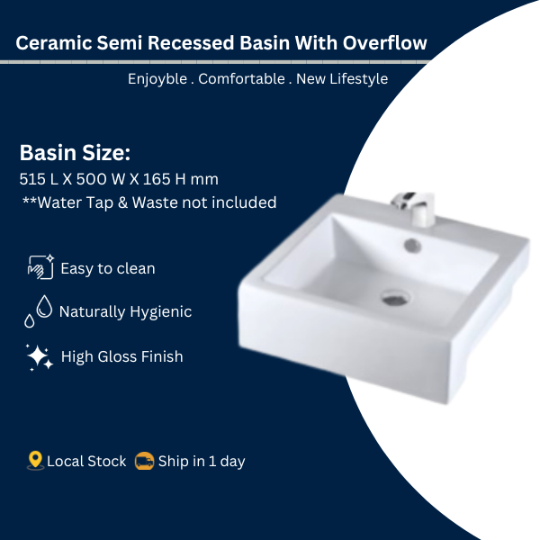 Bathroom 515MM Premium White Ceramic Rectangle Semi Recessed Basin Sink ...