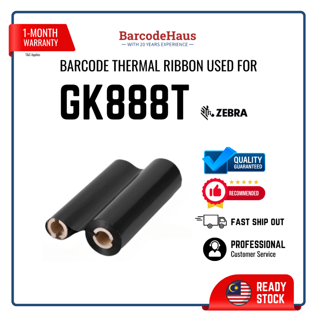 ZEBRA GK888T Barcode Printer Ribbon Roll GK888T Wax/Wax Resin RICOH ...