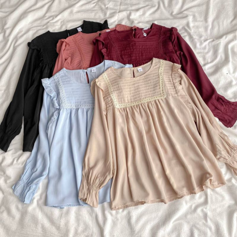 SEIRA TOP | SOFT COTTON PLAIN RUFFLE BLOUSE | READY STOCK | Shopee Malaysia