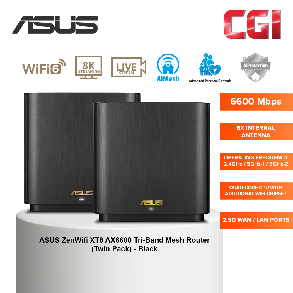 Asus ZenWIFI XT8 6 Ai Protection Pro Alexa Tri-Band Mesh - Black (Pack ...