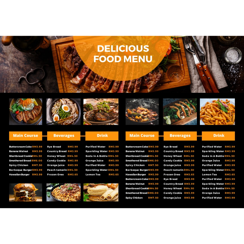 MENU LIST TEMPLATE [EDITABLE] Black And Orange Food Menu Landscape ...