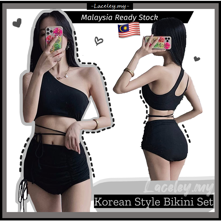 [READY STOCK]2pcs Korean Style Sexy Bikini Swimsuit Woman Swimwear Bikini Set/现货气质斜肩抽绳设计泳衣泳装套装 ...