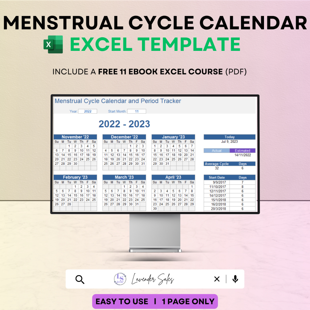 MENSTRUAL CYCLE CALENDAR AND PERIOD TRACKER EXCEL TEMPLATE : Period ...