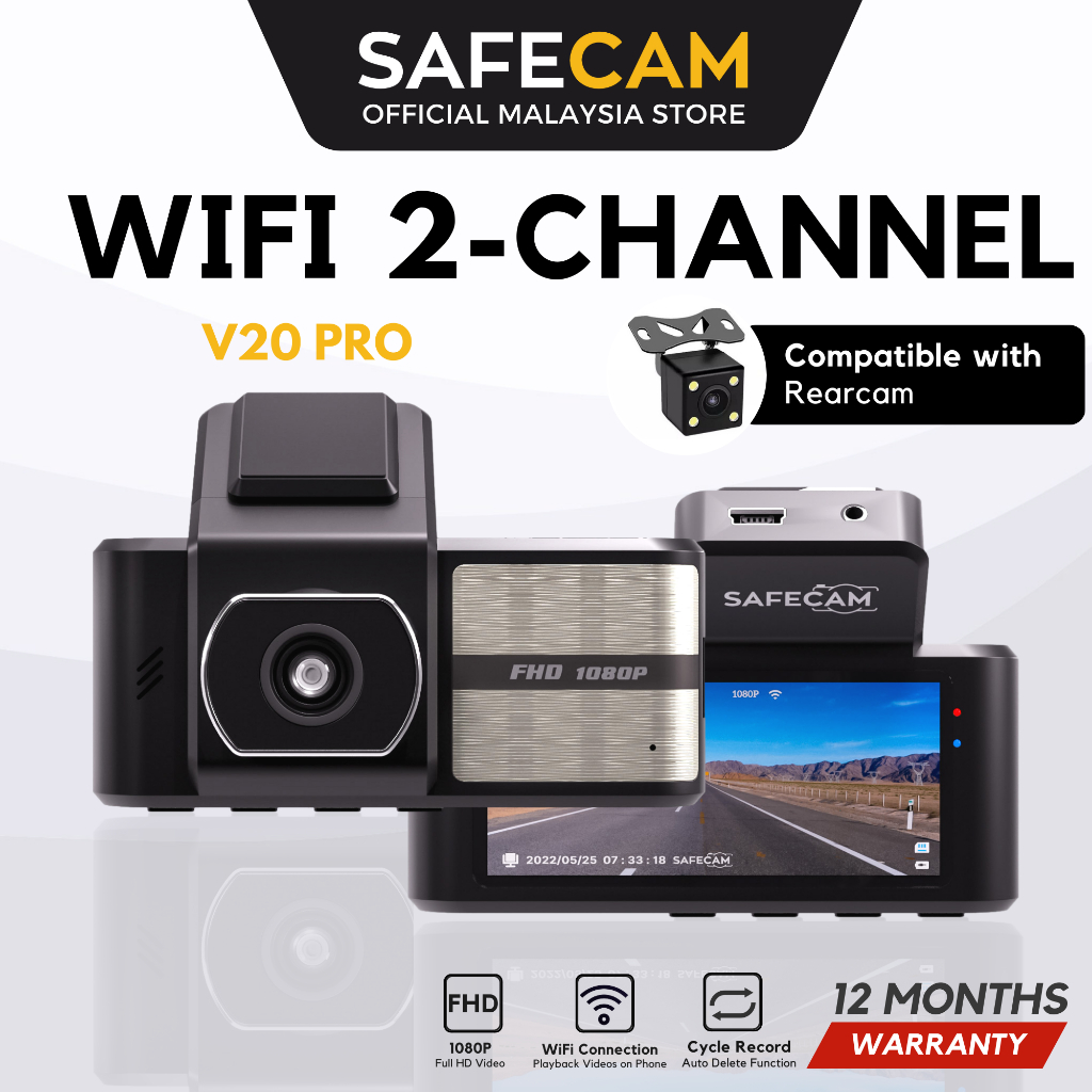 SAFECAM V20 Pro Front Rear Cam Dual Cameras Full HD 1080P WIFI Dashcam ...