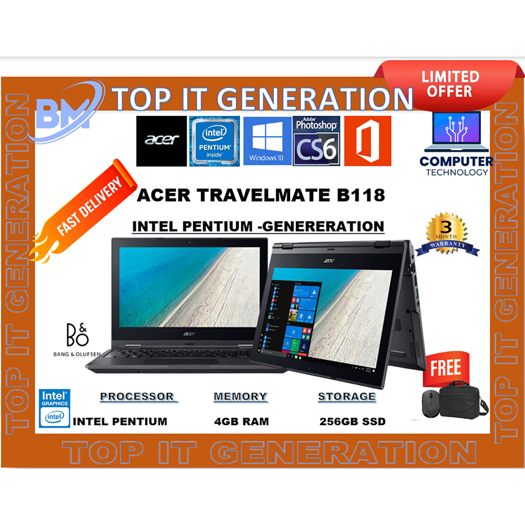 ACER TRAVELMATE B118 INTEL PENTIUM/TOUCHSCREEN/FLIP 360 DARJAH/4GB RAM /256GB SSD/3 MMONTH ...