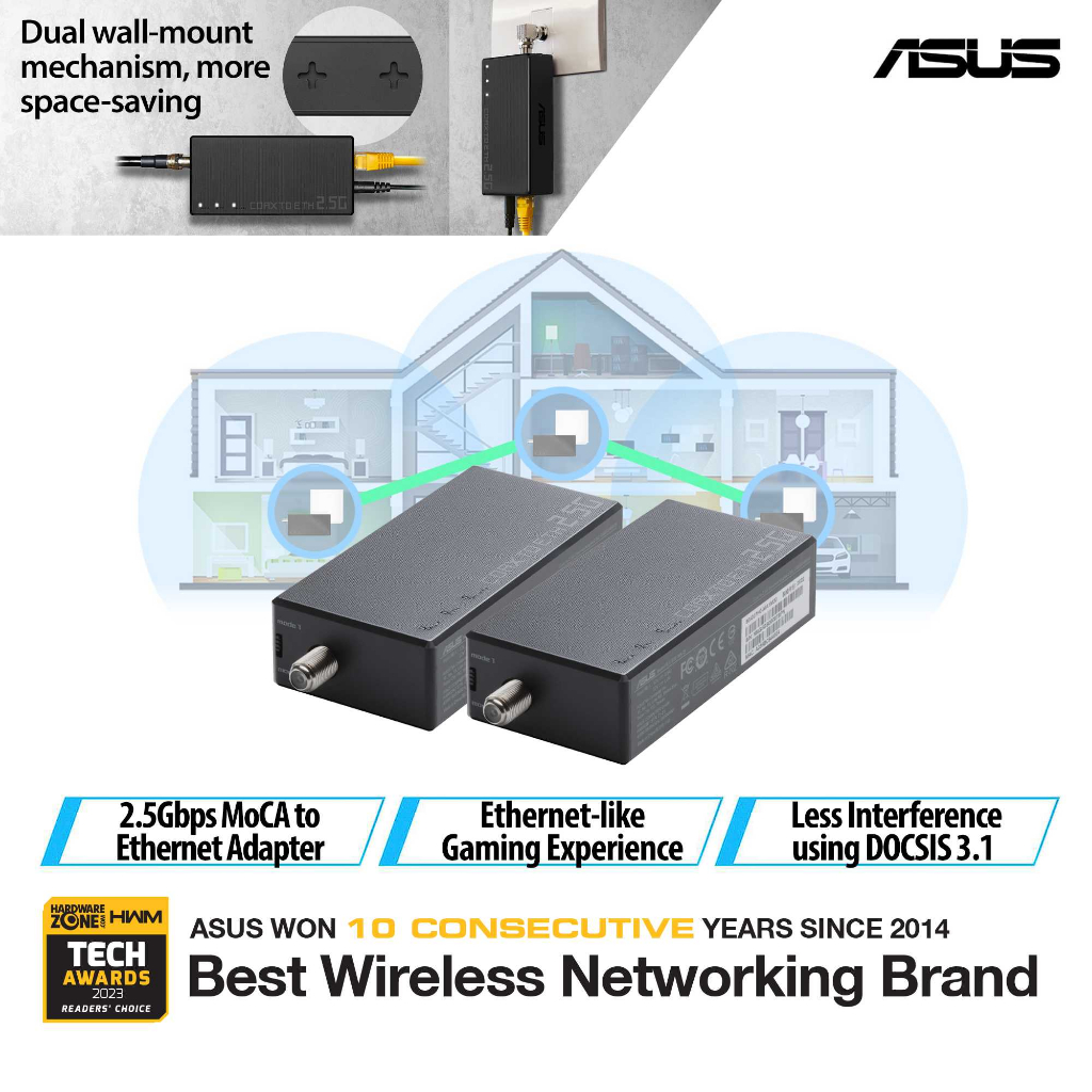 ASUS MA-25 Coax to Ethernet Adapter, MoCA 2.5, TV streaming, up to 2.5 ...