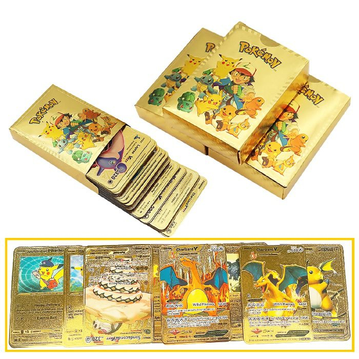 55 pcs Metal Gold Pokemon Cards English Charizard Pikachu Trainer Card ...
