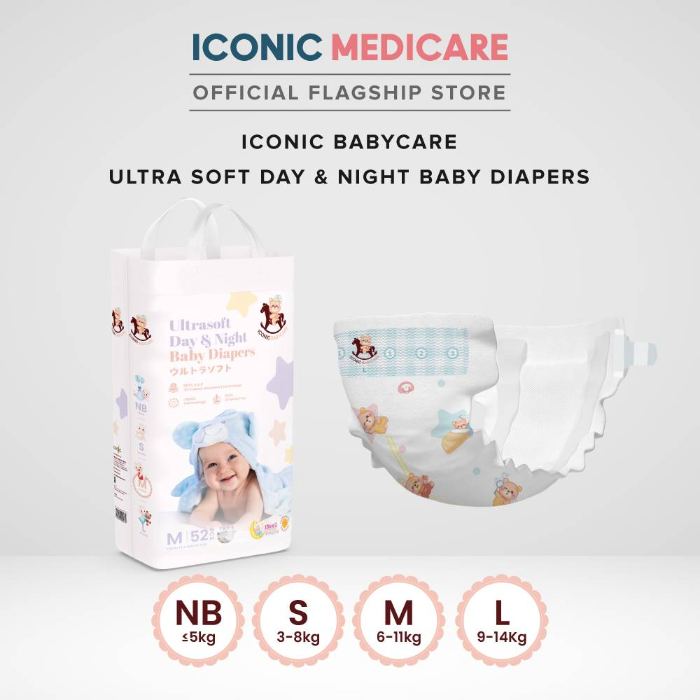 Iconic Babycare Ultrasoft Day & Night Baby Diaper Tape NB30/S56/M52/L48 ...