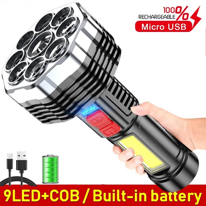 Powerful 9 LED COB 500LM Flashlight Long Range Tactical Flashlight USB ...