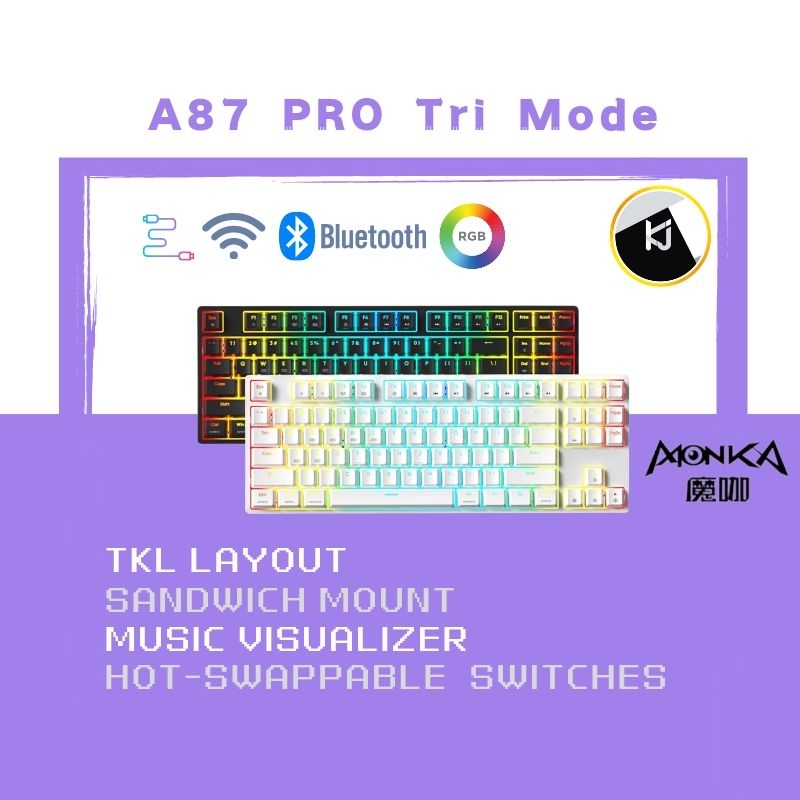 Monka A87Pro Tri-Mode Mechanical Keyboard【Bluetooth,Wireless,USB】Hotswappable Red switches ...