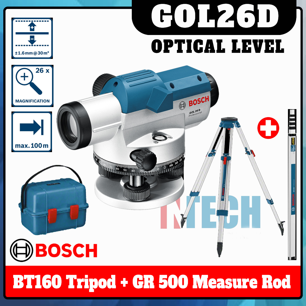 BOSCH GOL26D OPTICAL LEVEL WITH GR500 MEASURE ROD AND BT160 TRIPOD ...
