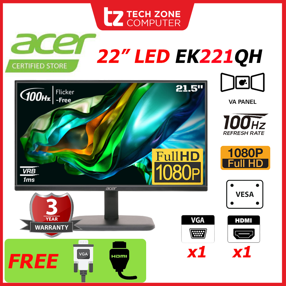 Acer EK221Q H 21.5" LED Full HD (HDMI + VGA) 100Hz VA Panel LED Monitor ...