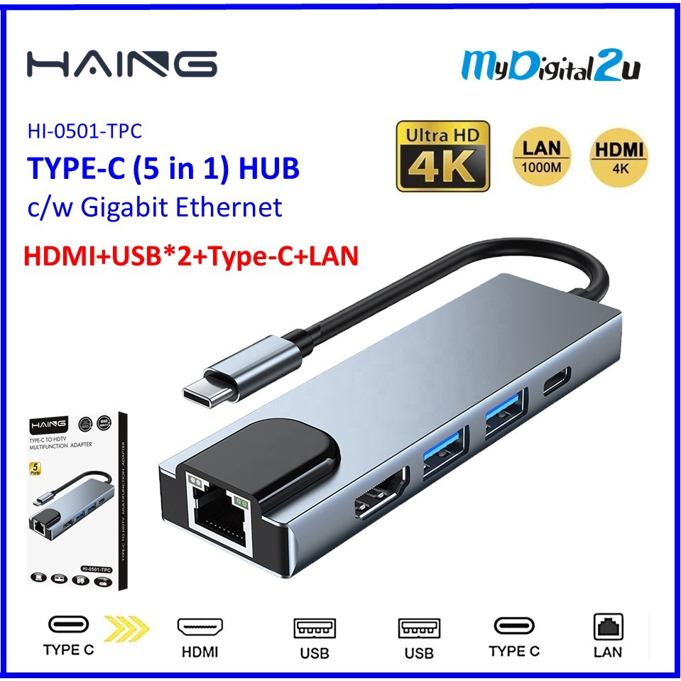 5 In 1 USB Type C to USB 3.0 With GIGABIT ETHERNET, USB-C CHARGING PORT ...