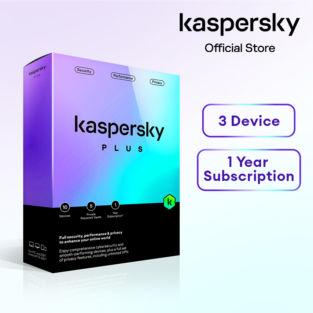 Kaspersky Plus 3 Devices, 1 Year, Anti-Phishing And Firewall & Unlimited VPN - PC/Mac/Mobile ...