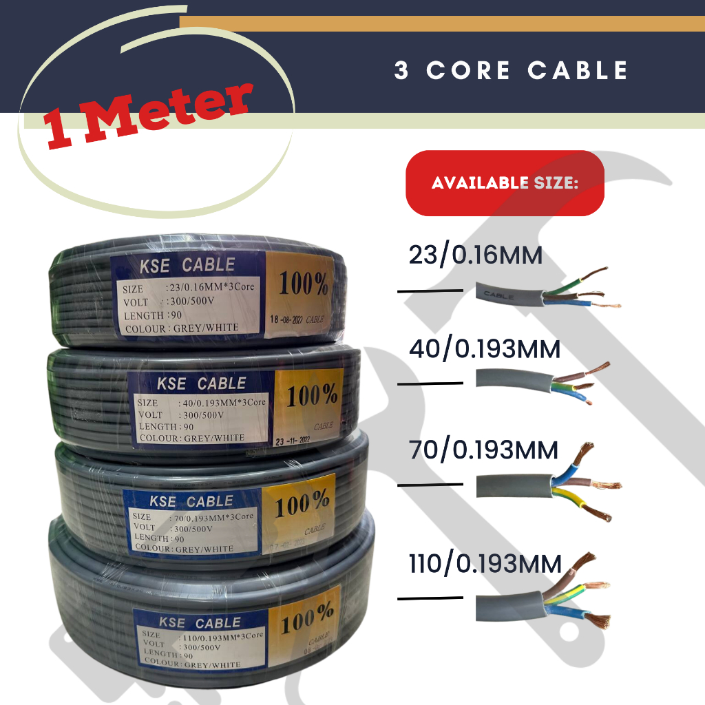 [1 METER] 3 Core Flexible Cable Wire | Wayar Kabel 3 Core | Wayar Lampu ...