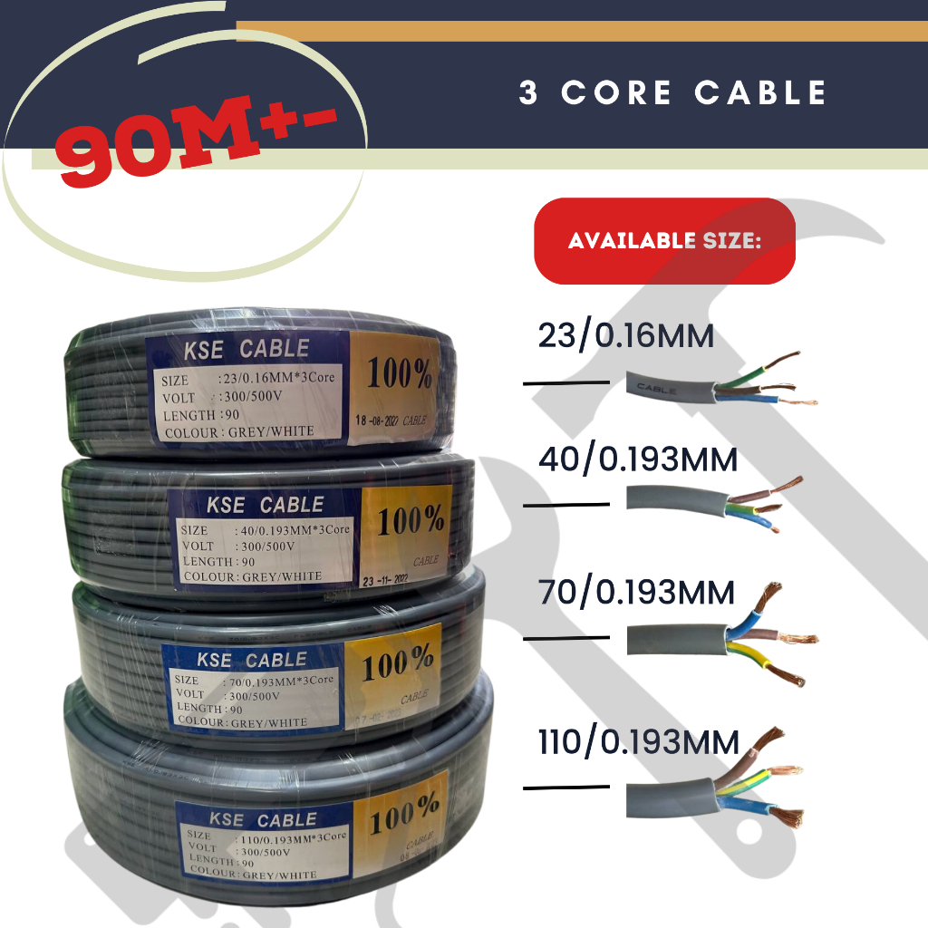 [90m±] 3 Core Flexible Cable Wire | Wayar Kabel 3 Core | Wayar Lampu ...