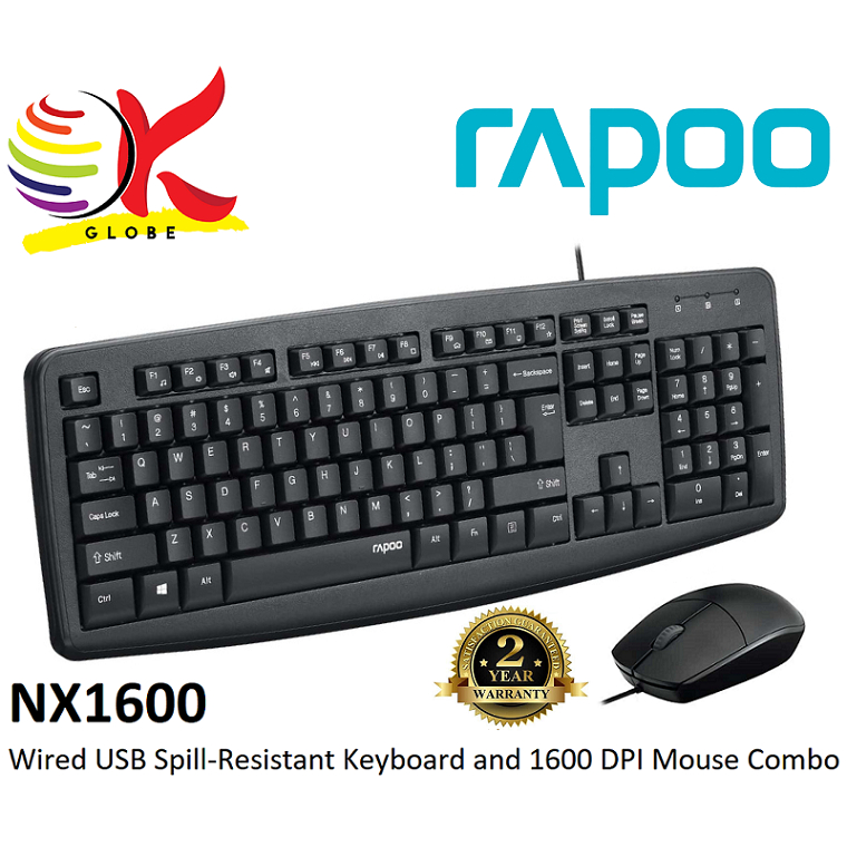 Rapoo Nx1600 Wired Spill Resistant Keyboard And 1600 Dpi Sensor Mouse Mice Combo Set With Led