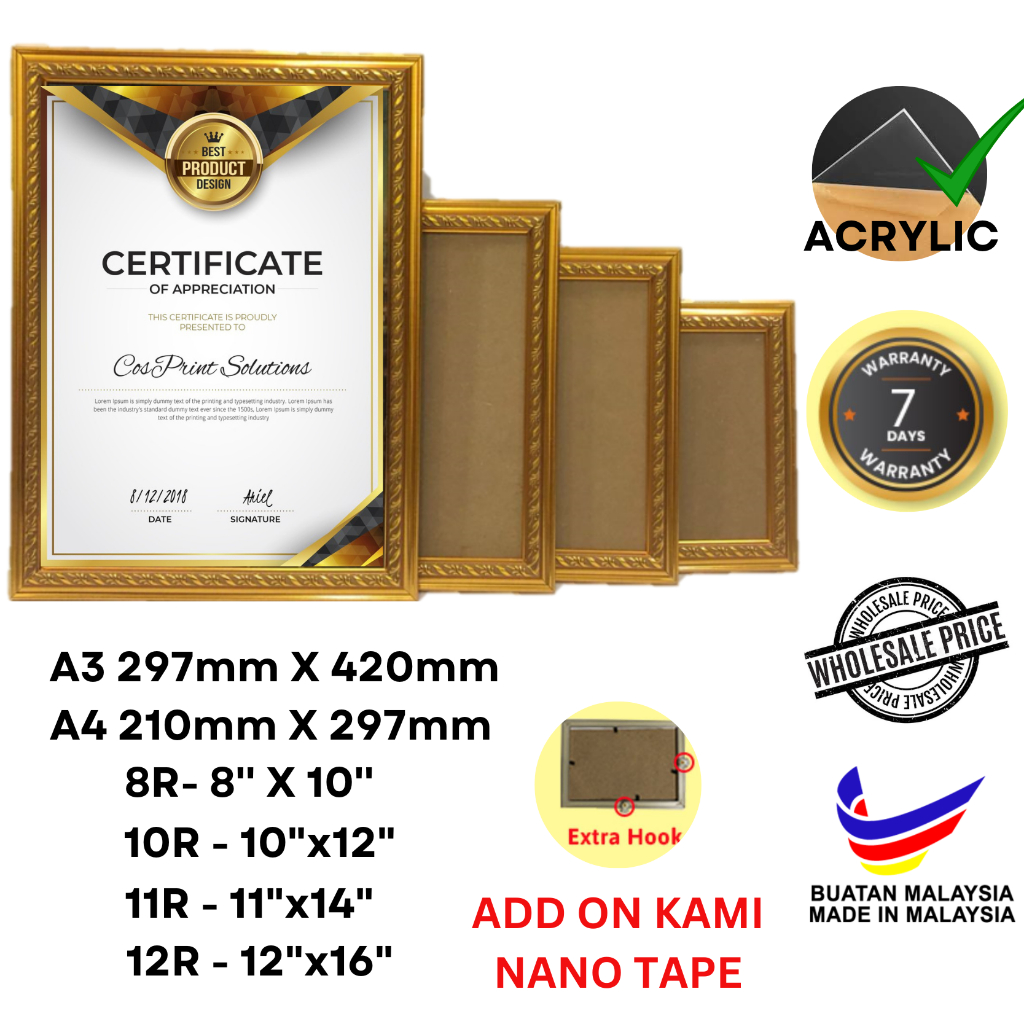 Photo Frame A3-12R Gold Color Fiber Frame For Graduation & Certificate ...