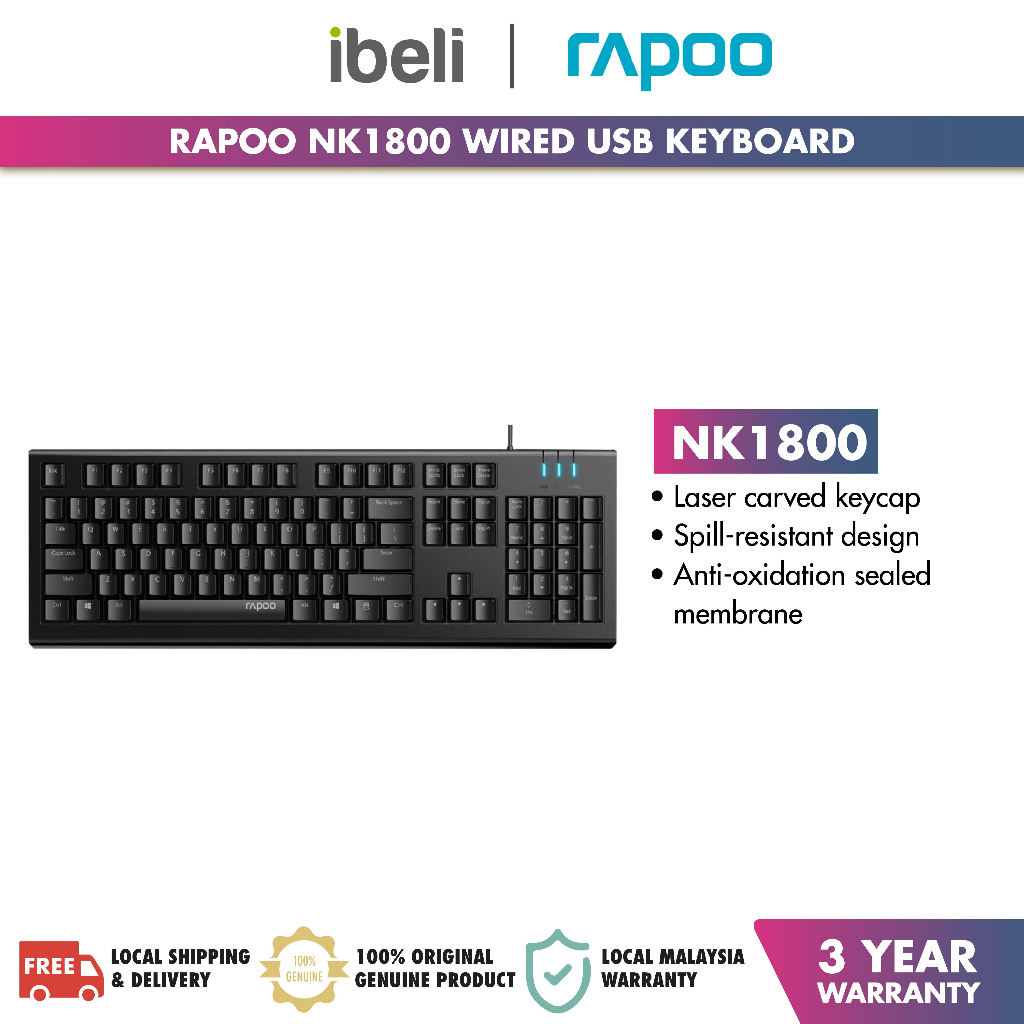 Rapoo NK1800 Spill Resistance Membrane Wired USB Keyboard - 3 Years Warranty | Shopee Malaysia