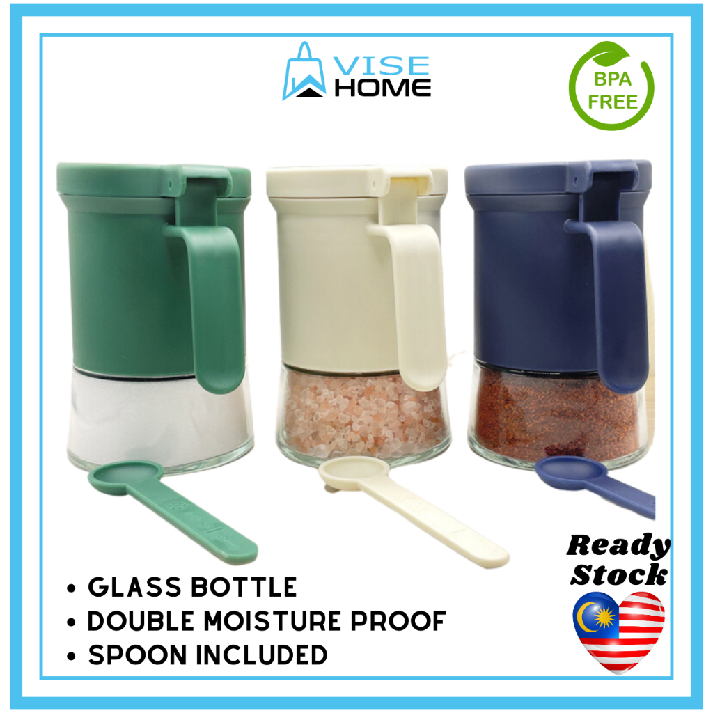 Glass Seasoning Bottle 350ml Spice Condiment Jar with Spoon Botol Kaca ...